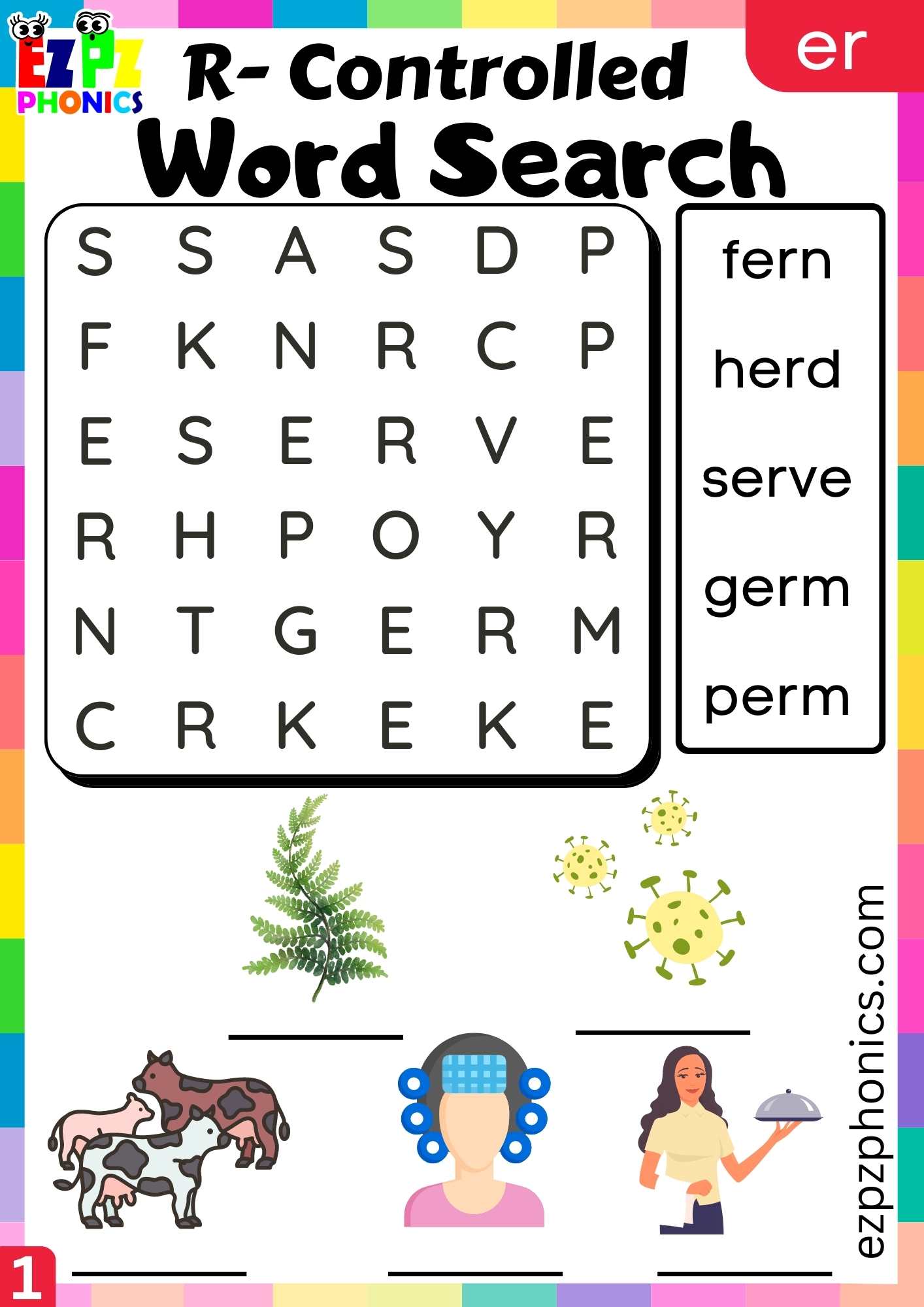 Word search activity for er words R controlled vowels phonics group 1 - ezpzphonics.com